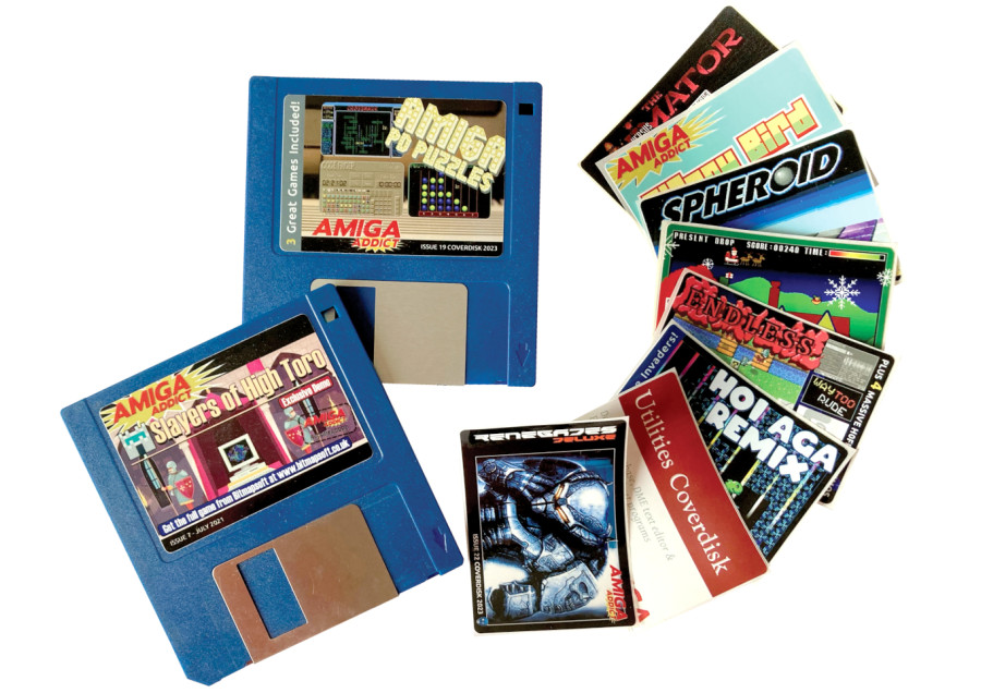 Amiga Addict Coverdisk Sticker Labels and Floppy Disks
